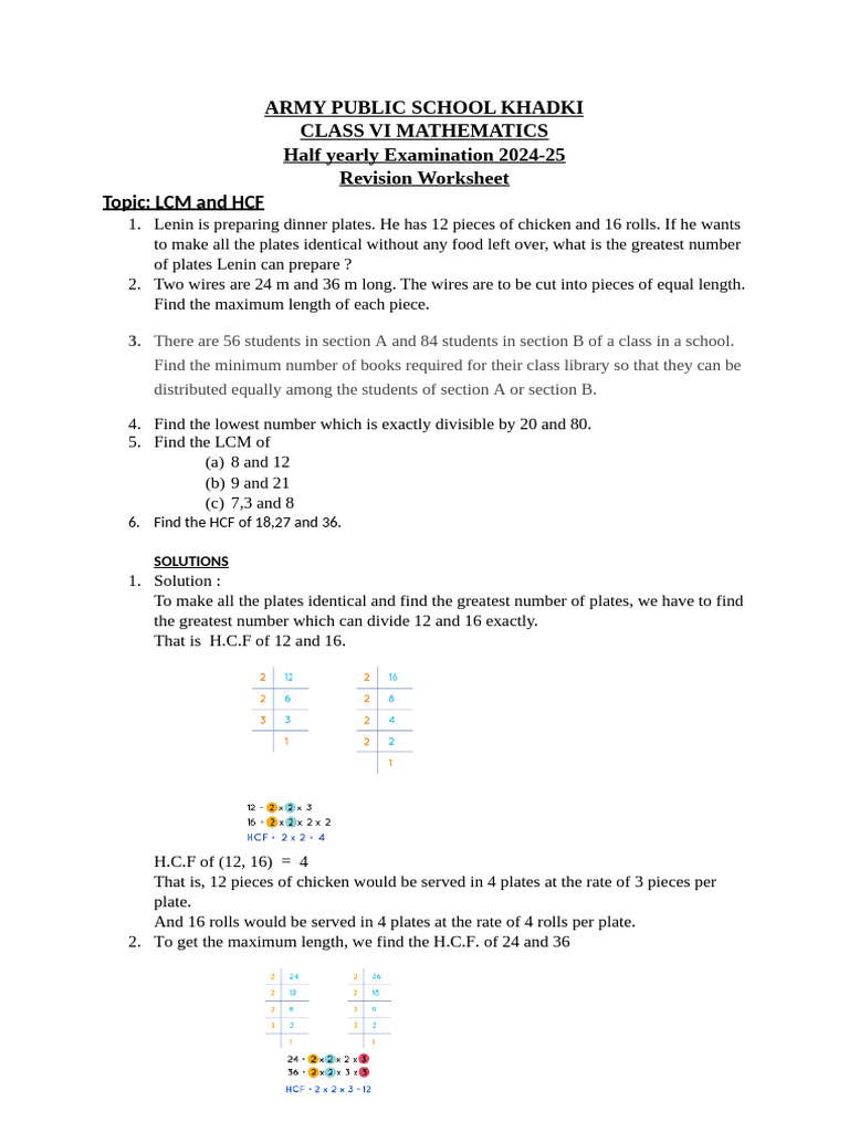 LCM and HCF Revision Worksheet | PDF
