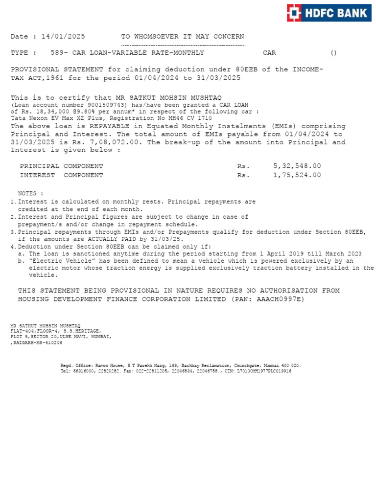 EV Loan Tax Deduction Statement | PDF