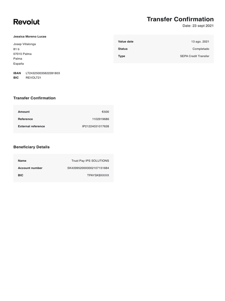 SEPA Transfer Confirmation Details | PDF