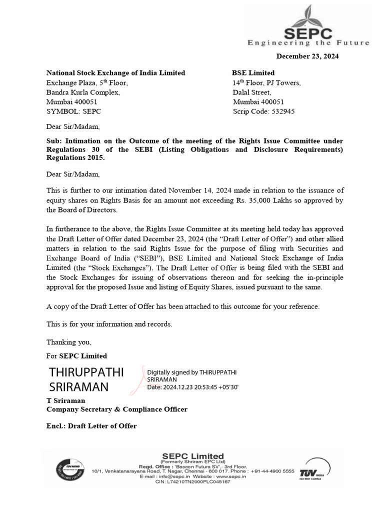 SEPC Limited Rights Issue Announcement | PDF | Stocks | Equity (Finance)