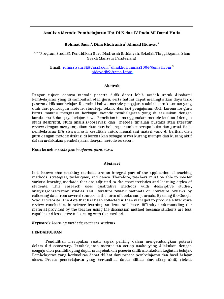 Jurnal IPA Analisis Metode Pembelajaran IPA Di Kelas IV Pada MI Darul ...