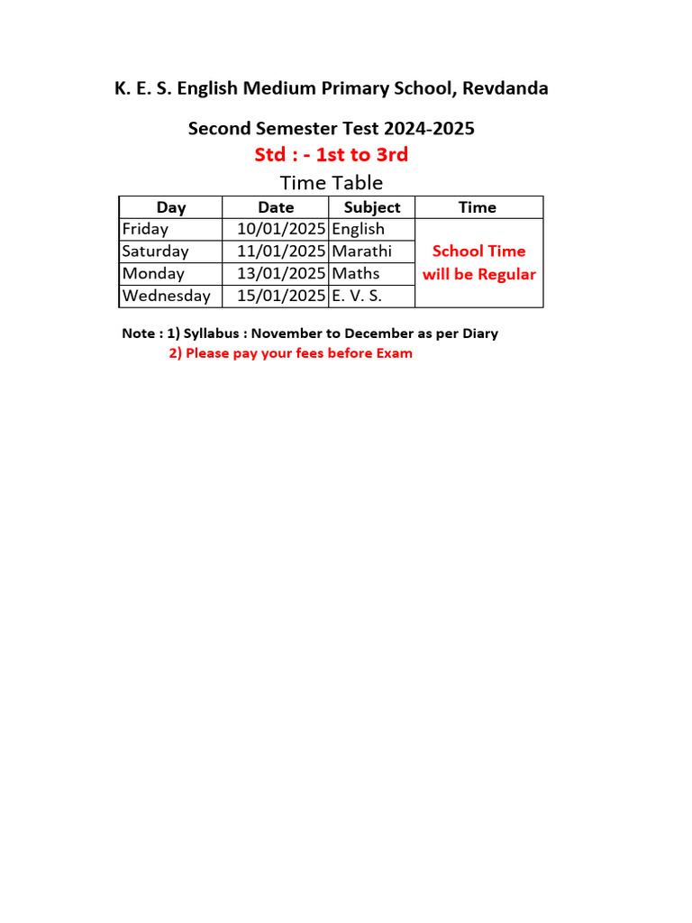 Std 1st to 3rd_Second Unit Test Time Table - 2024-2025 | PDF