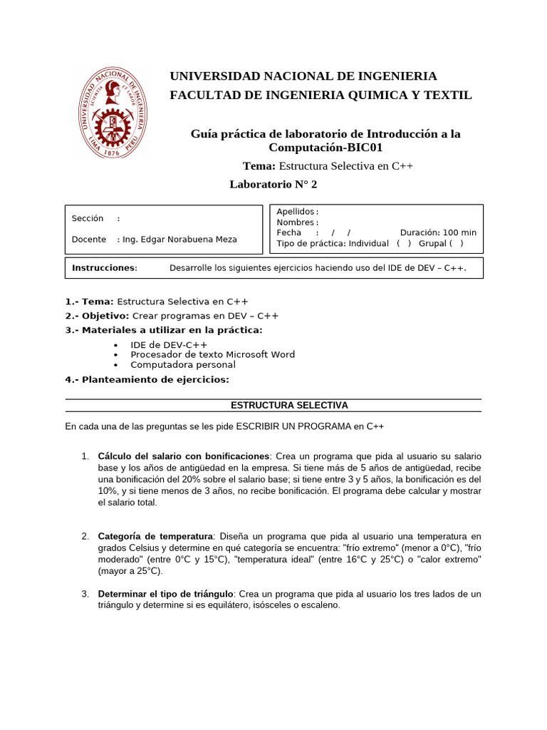 Lab 02 BIC | PDF | C ++ | Informática