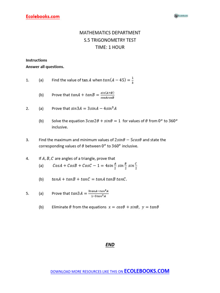 Year 5 Trigonometry Test Paper | PDF