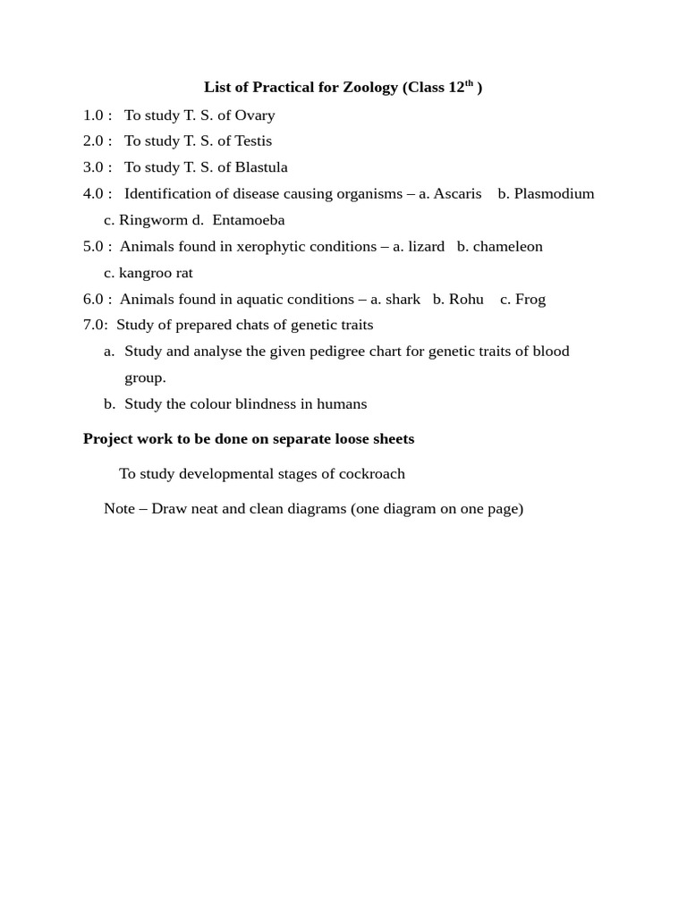 List of Practicals For Zoology 12 | PDF