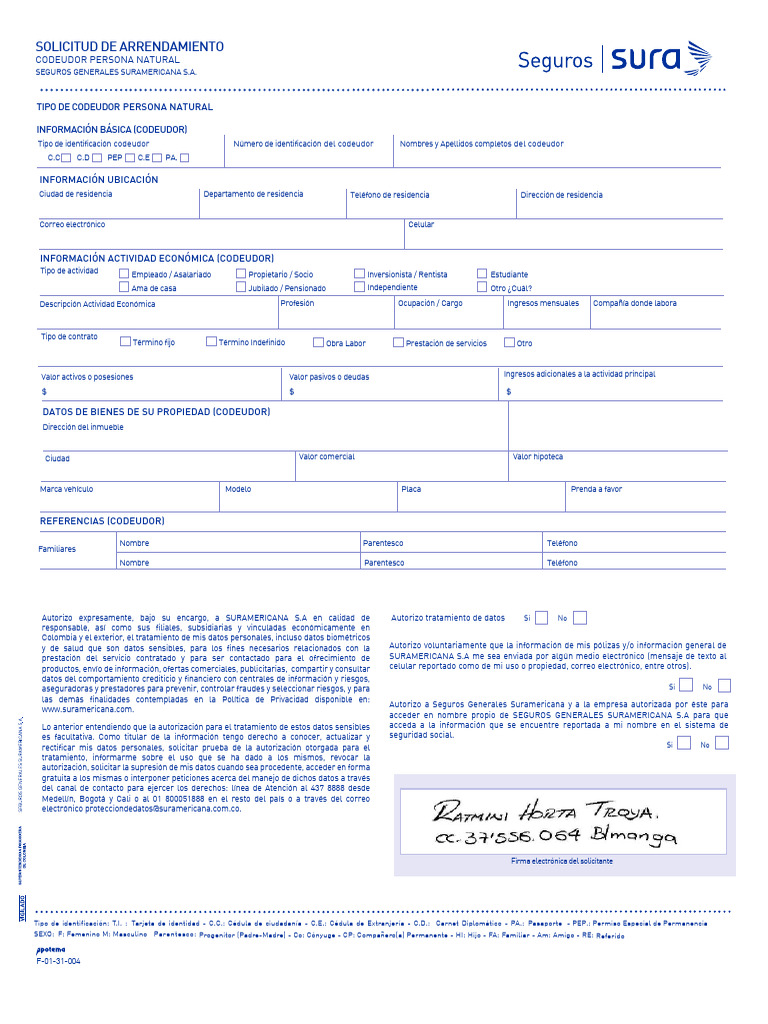 Formulario Codeudor Arrendamiento | PDF | Documento de identidad