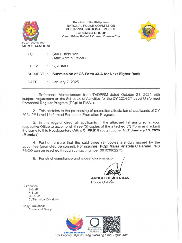 Submission of CS Form 33-A For Next Higher Rank | PDF