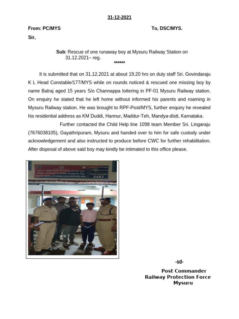 Rescue of Runaway Boy at Mysuru Station | PDF
