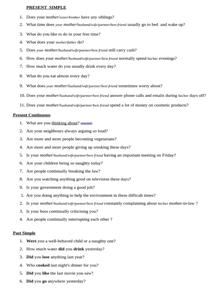 5 tenses questions basic | PDF