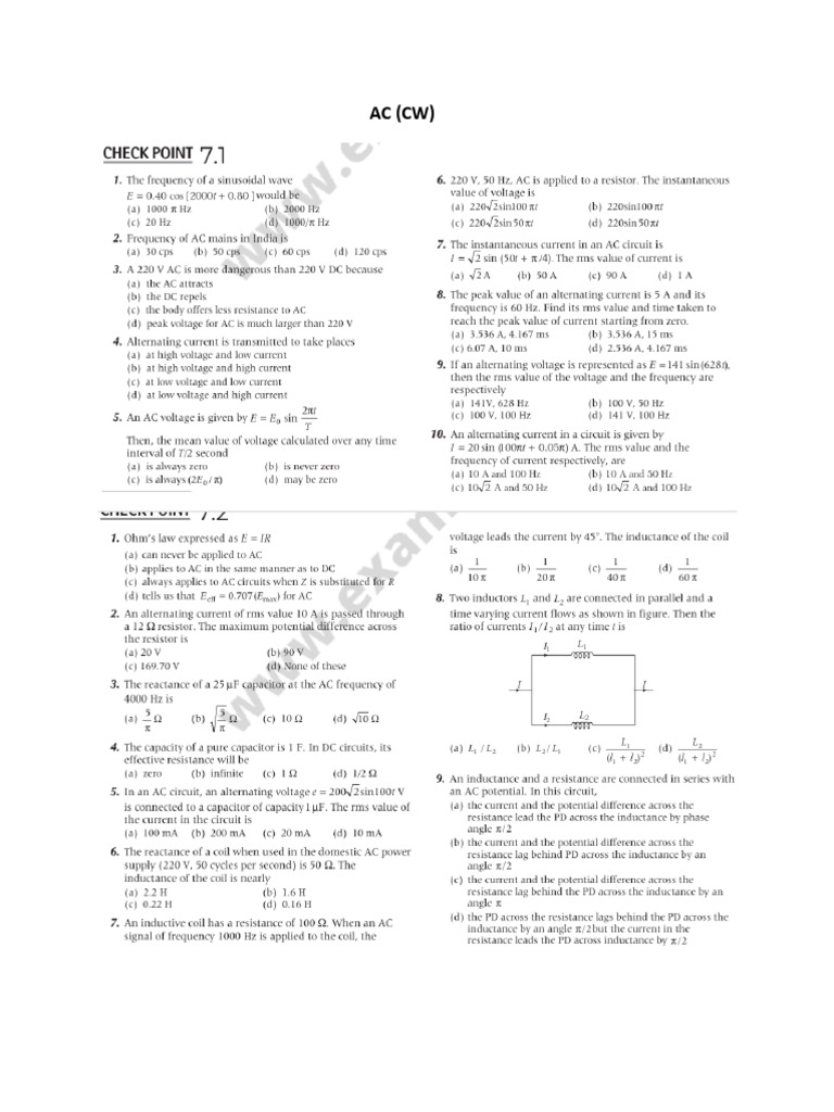 V++ Physics MCQ-1 (Alternating Current) | PDF
