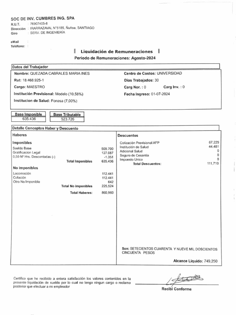 Liquidación Agosto María Quezada | PDF