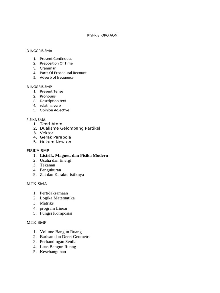 Kisi-kisi Opg Aon | PDF