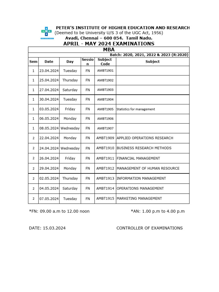 Arts Time Table April 2024-MBA | PDF | Business | Economies