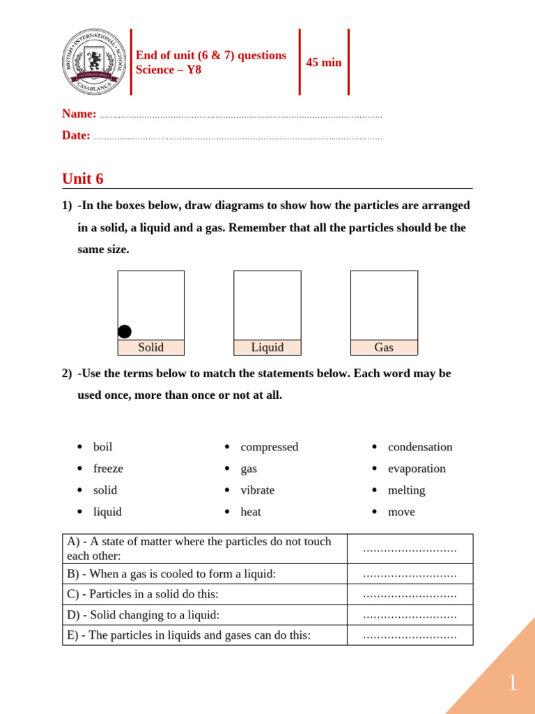 end of unit 6 7 question y8 | PDF | Chemical Compounds | Chemical Elements