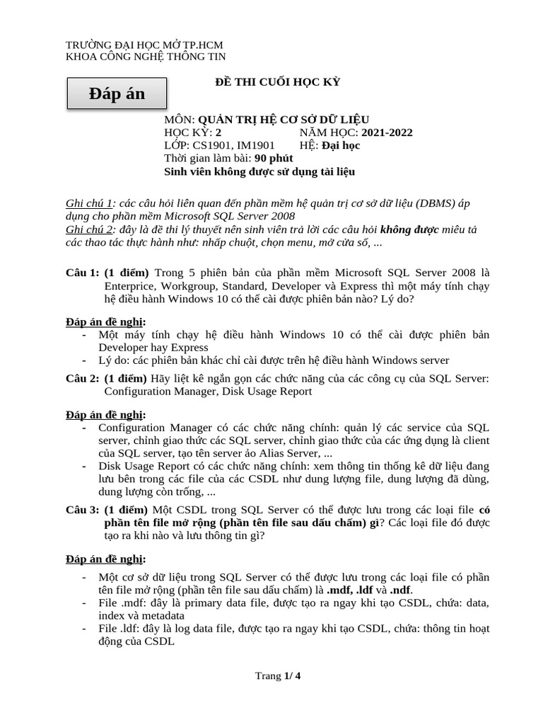 DapAn DeLT QTHCSDL HK2 2122 | PDF