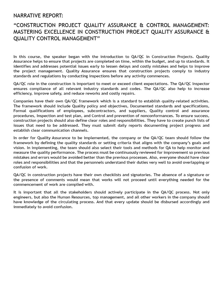 QA-QC NARRATIVE REPORT | PDF | Quality Assurance | Business