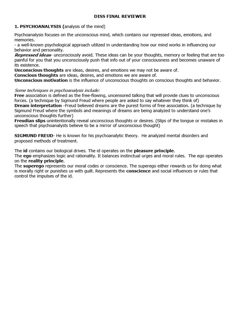 Diss Final Reviewer Sy 20242025 | PDF | Unconscious Mind | Id