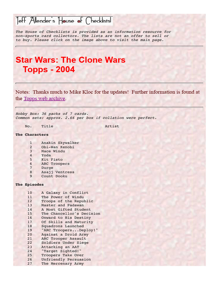 Star Wars: The Clone Wars Checklist | PDF | Jedi | Obi Wan Kenobi