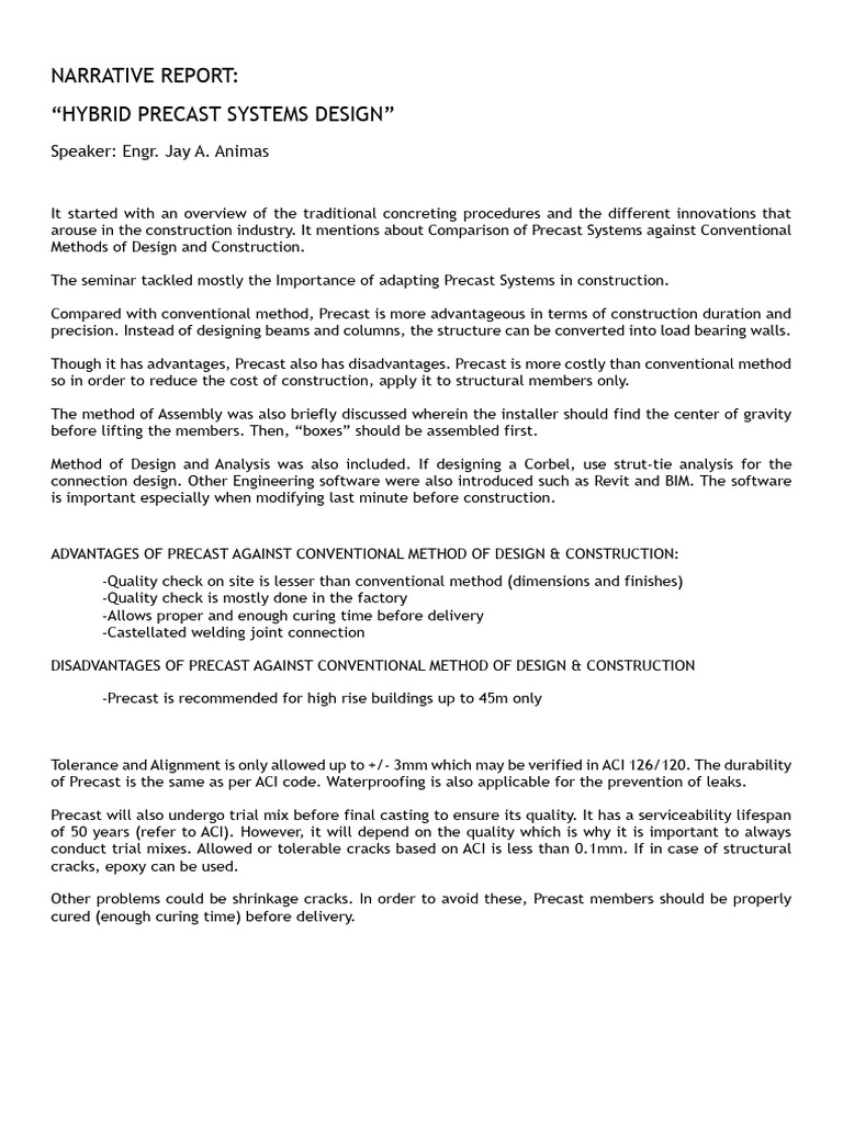 Hybrid Precast Systems Design Narrative Report | PDF