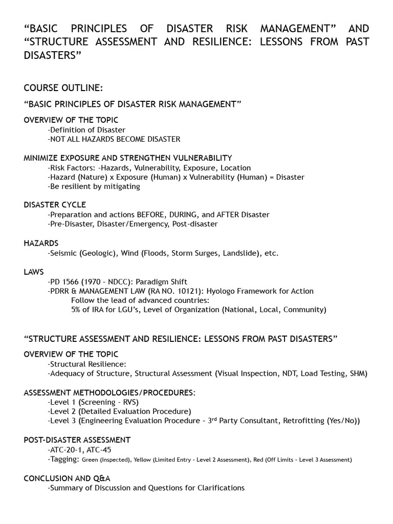 Outline - BASIC PRINCIPLES OF DISASTER RISK MANAGEMENT | PDF