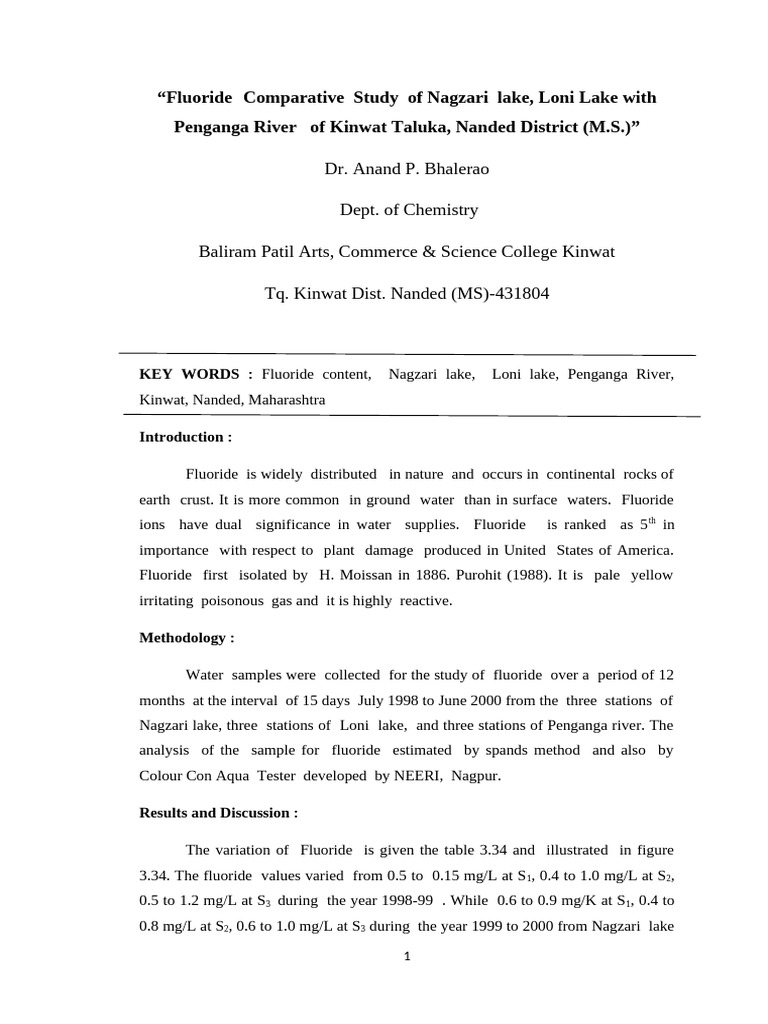 Fluoride Comparative Study of Nagzari Lake, Loni Lake With Penganga ...