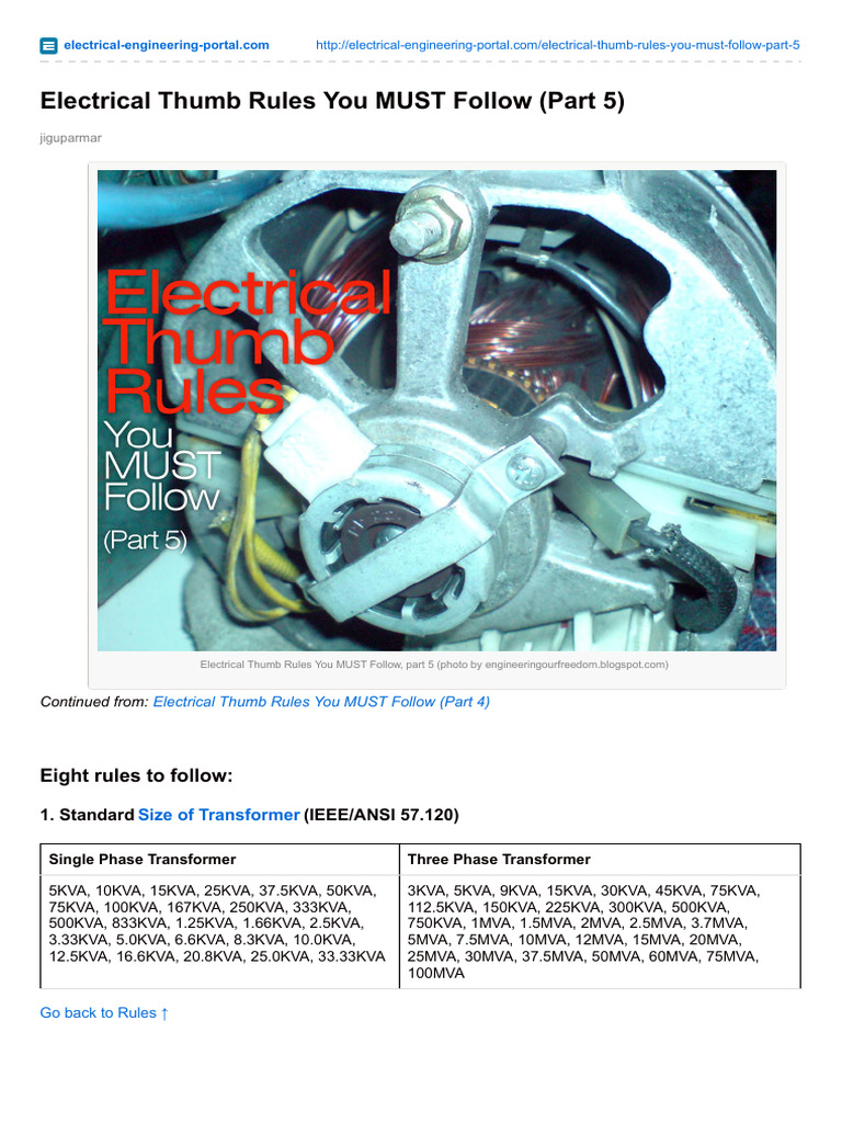 Electrical Thumb Rules You MUST Follow Part 5 | PDF | Transformer | Physical Quantities