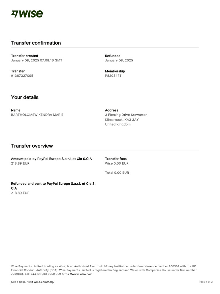 Wise Transfer Refund Confirmation | PDF