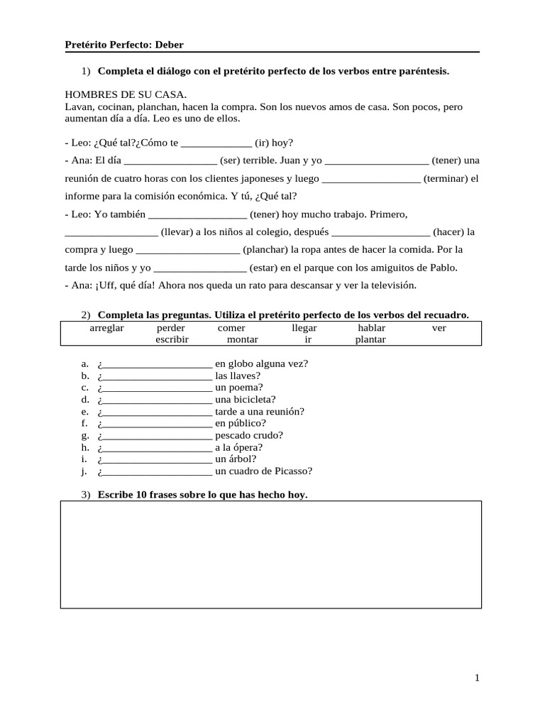 Tema Preterito Perfecto EJERCICIOS | PDF