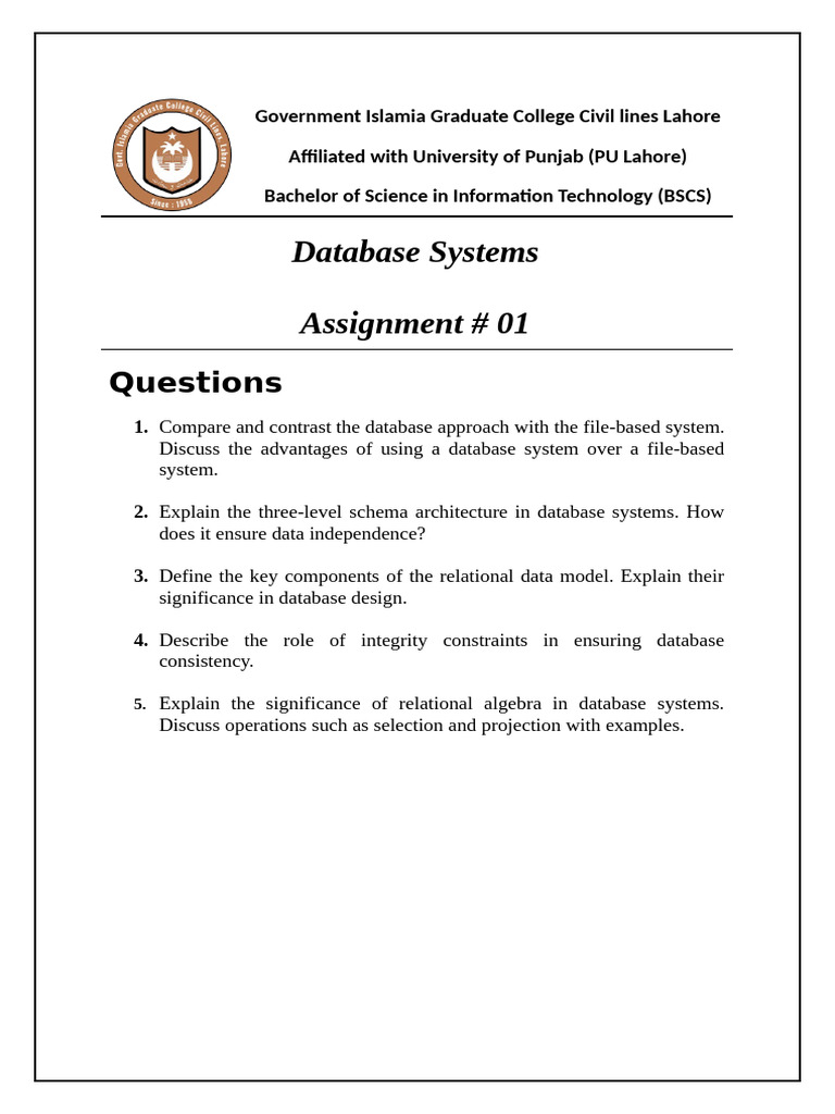 Database Systems Assignment No. 01 | PDF