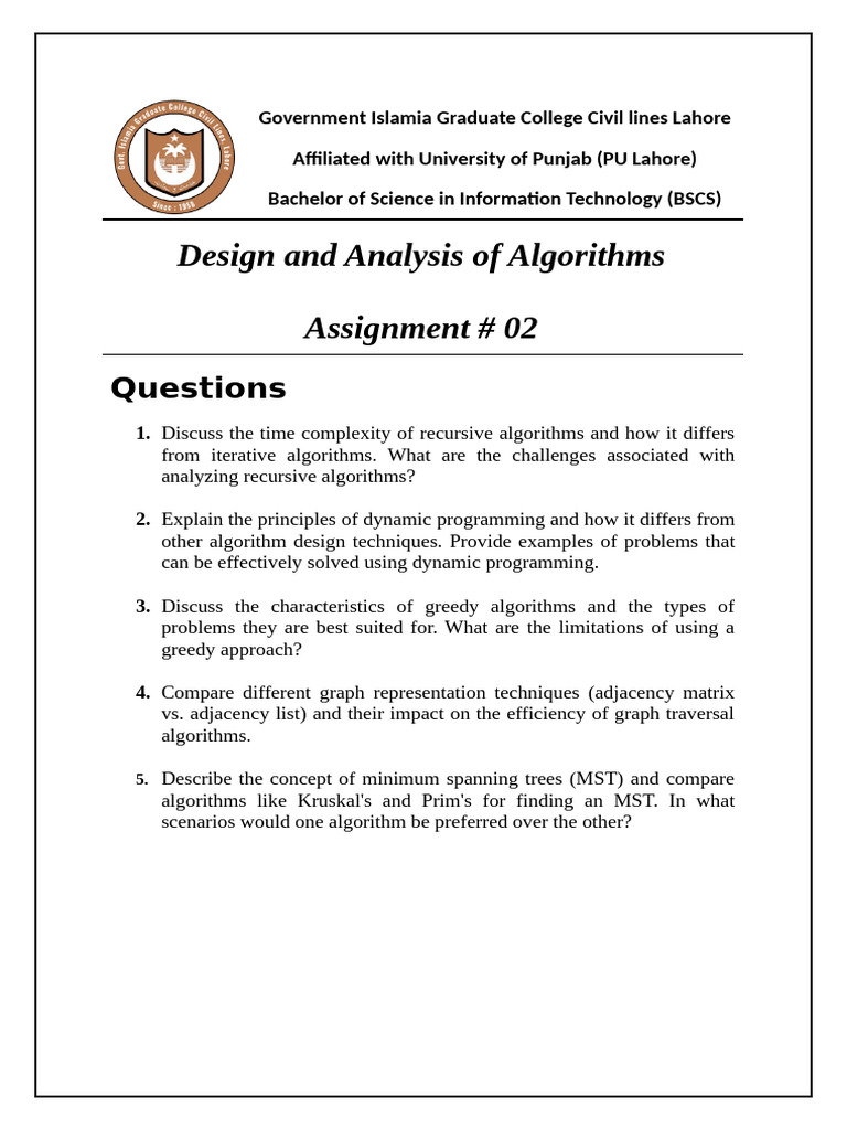 Design and Analysis of Algorithms Assignment No. 02 | PDF Design and Analysis of Algorithms Assignment No. 02 | PDF
