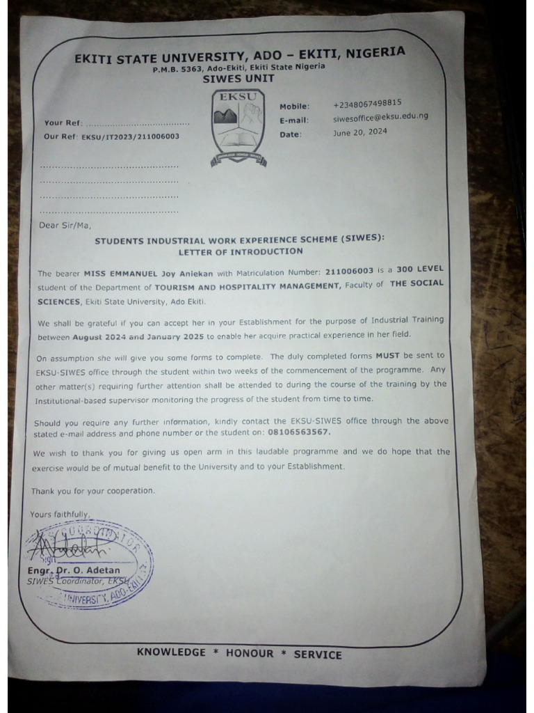 Siwes Introduction Letter | PDF