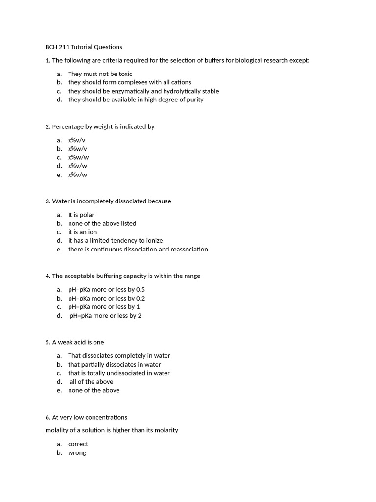 Bch211 Tutorial Questions | PDF | Acid | Ph