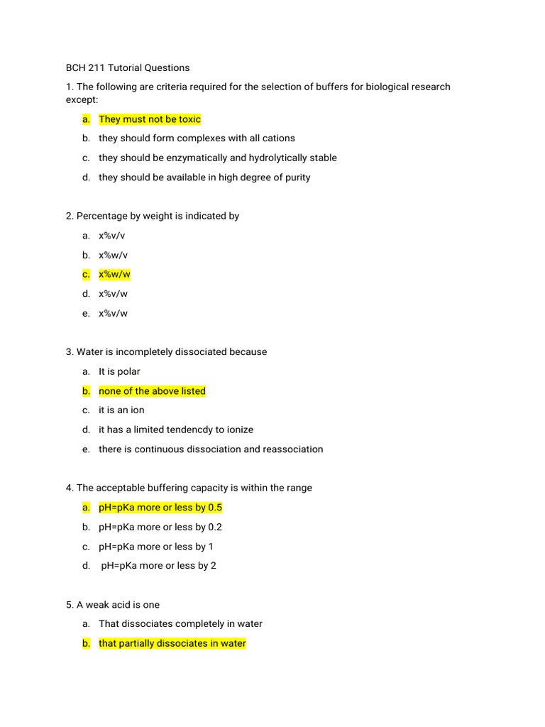 Ticked BCH211 TUTORIAL QUESTIONS-1 | PDF | Acid | Ph
