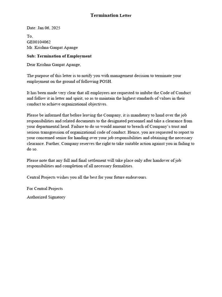Employment Termination Notice Template | PDF