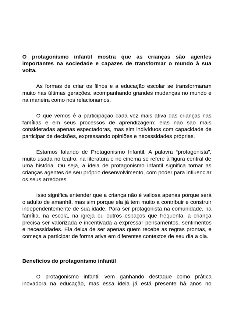 Texto Sobre Protagonismo Infantil | PDF | Família | Aprendizado