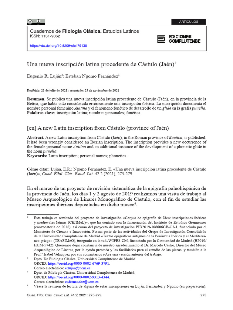 Una Nueva Inscripción Latina Procedente de Cástulo (Jaén) | PDF ...