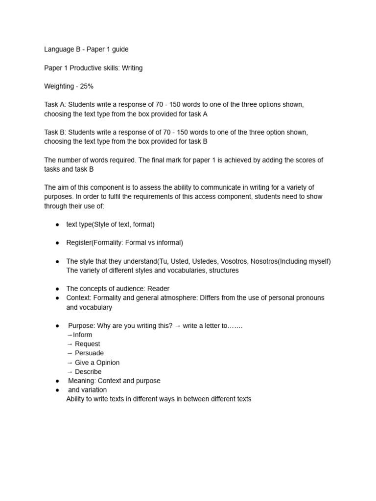 Language B - Paper 1 Wriitg Guide | PDF | Vocabulary | Question