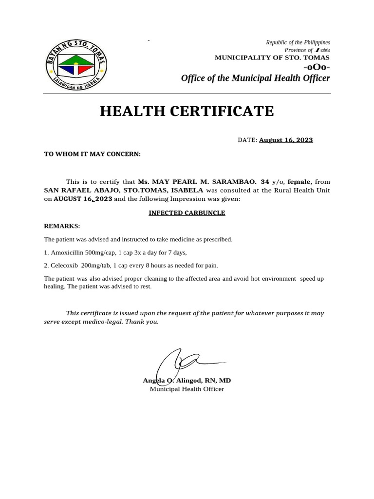 Health Certificate: Office of The Municipal Health Officer | PDF