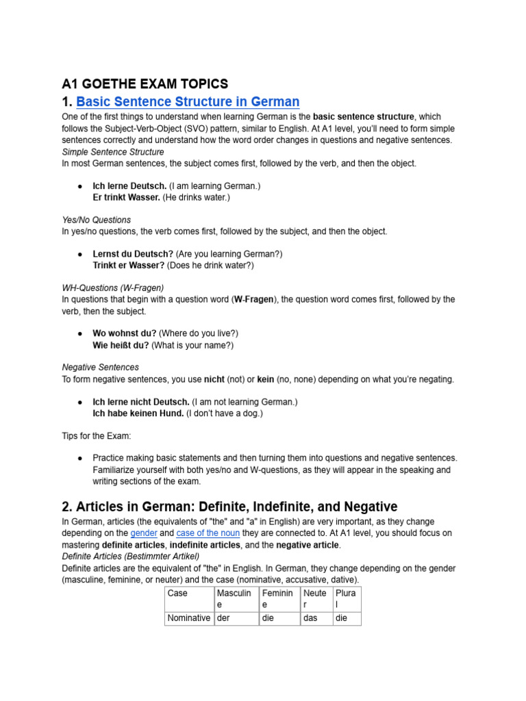A1 German Exam Preparation Guide | PDF | Grammatical Gender | Perfect ...