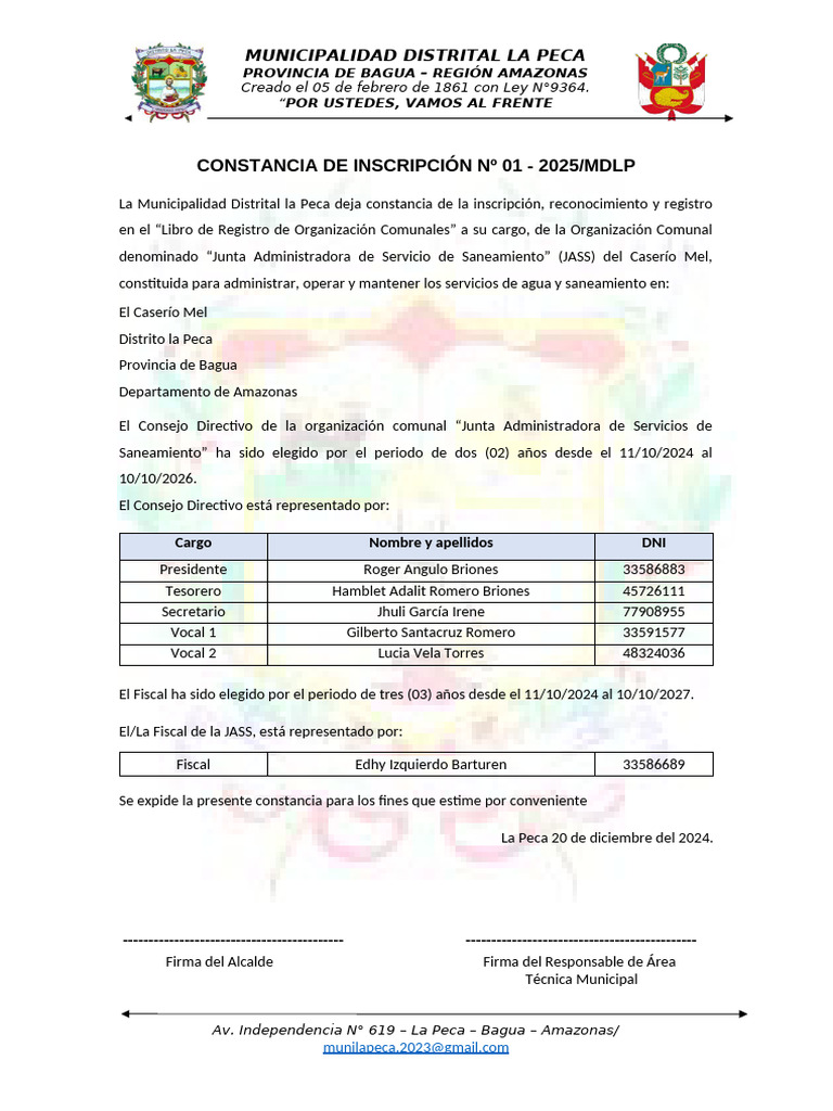 Constancia de Inscripccion Jass | PDF | Gobierno