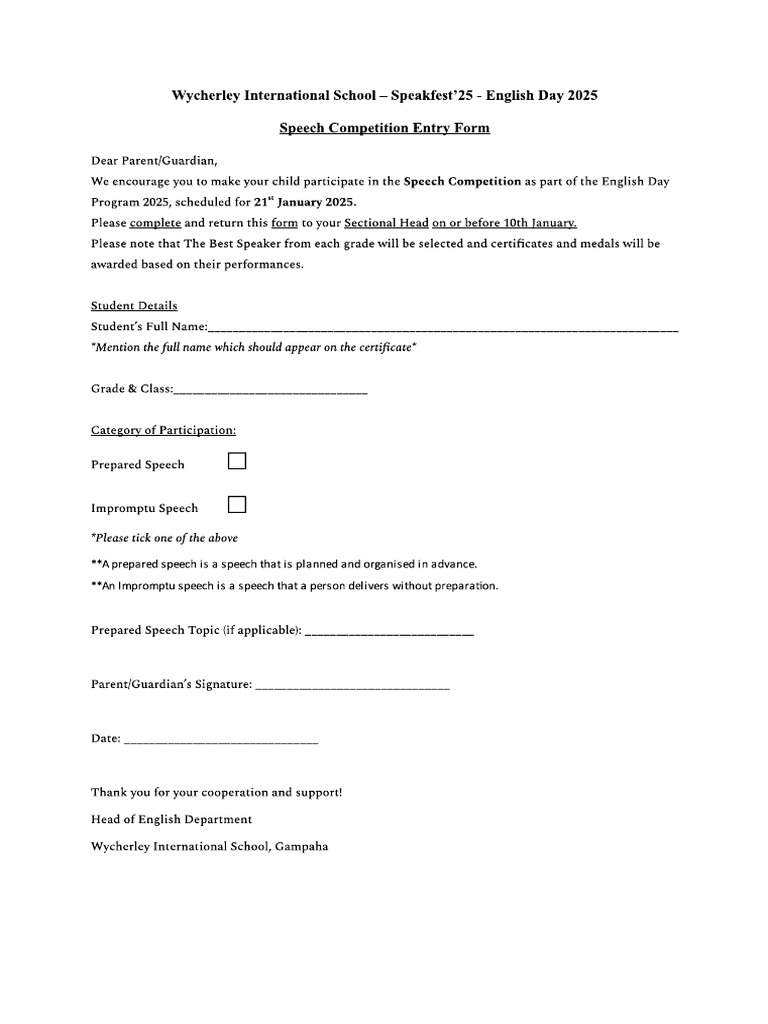 Speech Competition Entry Form - Junior to Senior | PDF