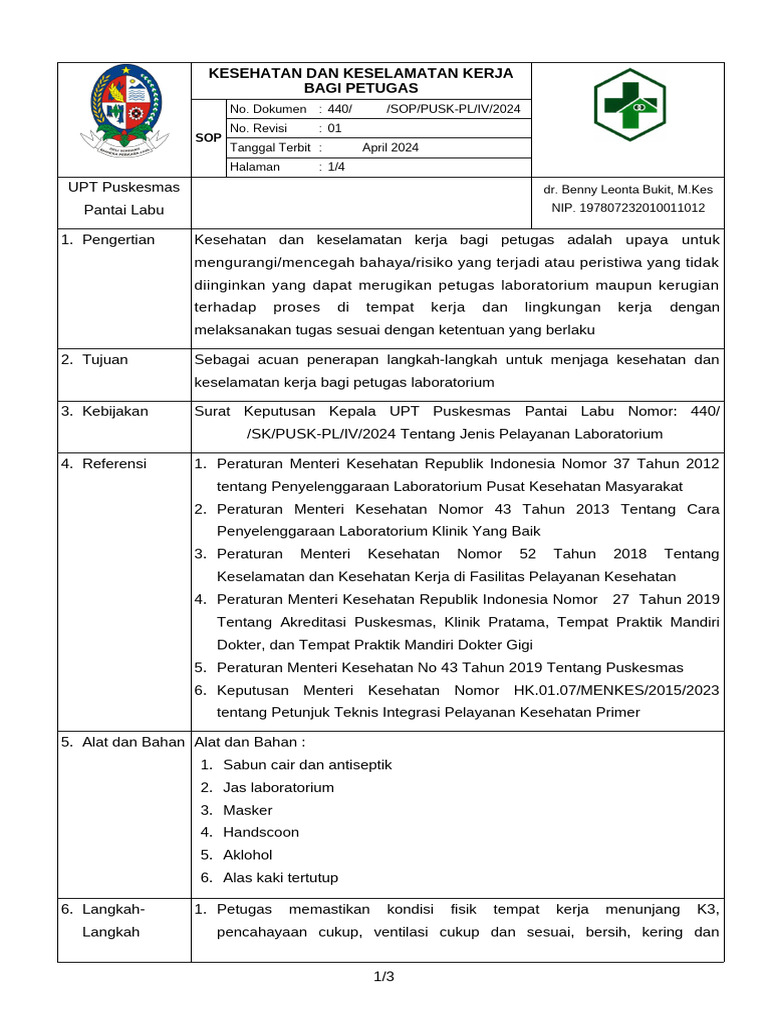 Sop Kesehatan Dan Keselamatan Kerja Bagi Petugas Ilp | PDF