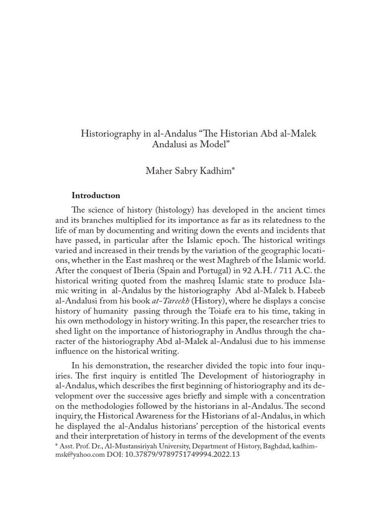 Historiography in Al-Andalus "The Historian Abd Al-Malek Andalusi As ...