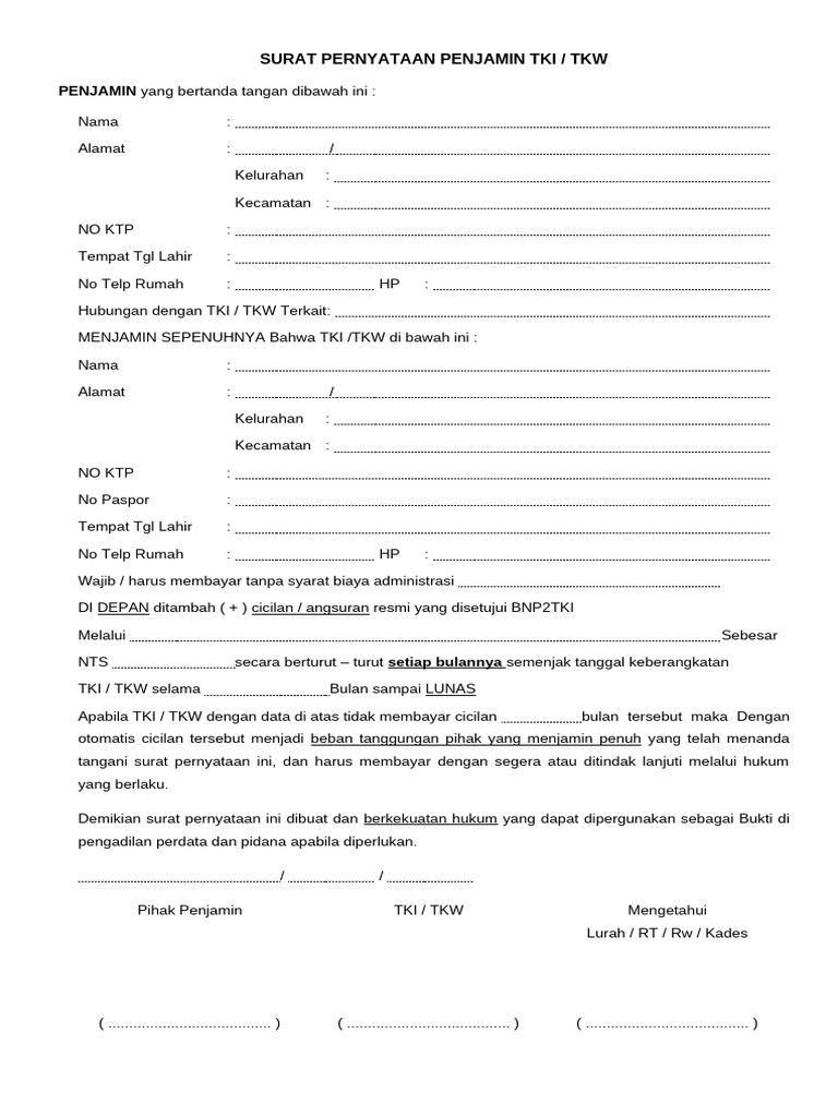 Surat Pernyataan Penjamin Tki | PDF
