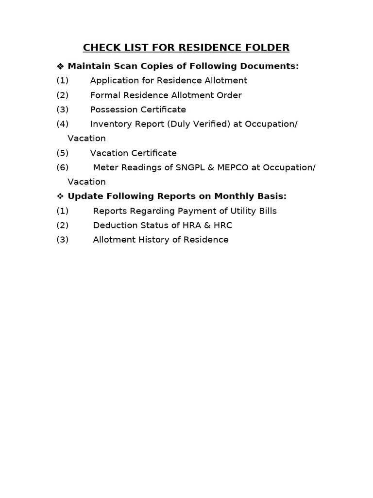 Check List of Residence Folder | PDF