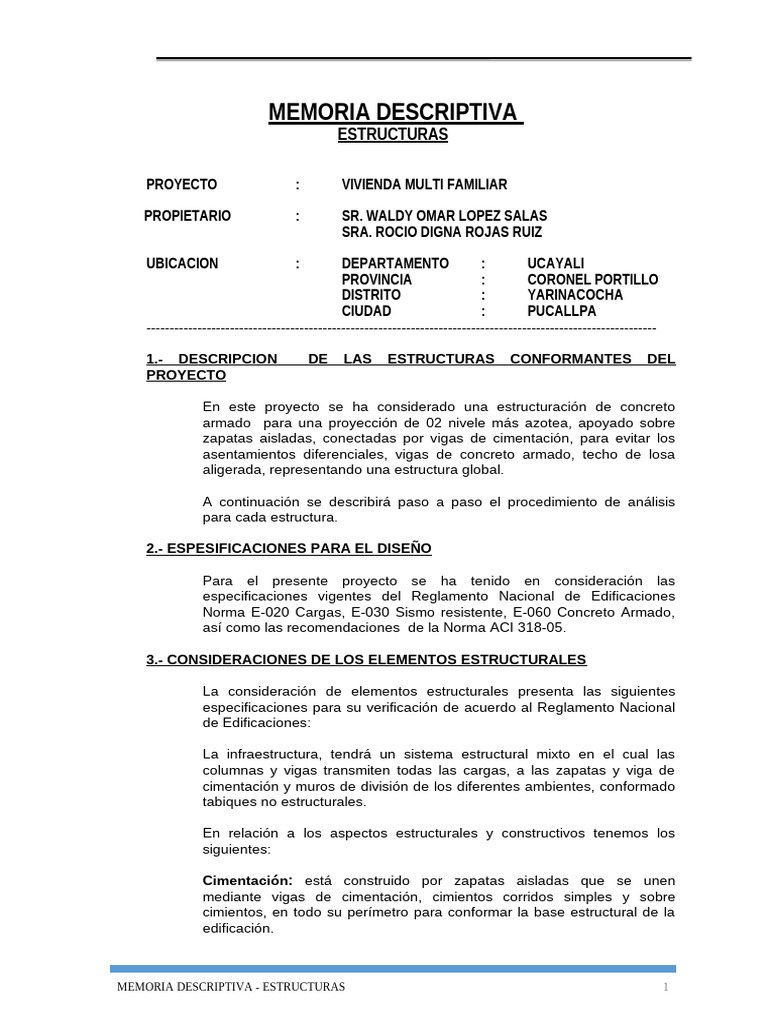 Memoria Descriptiva - Estructura | PDF | Fundación (Ingeniería) | Hormigón