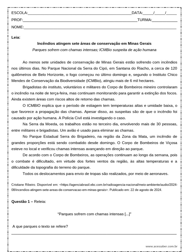 Interpretacado de Texto Incendios Em Areas de Conservacao 5o Ano Word | PDF | Incêndios