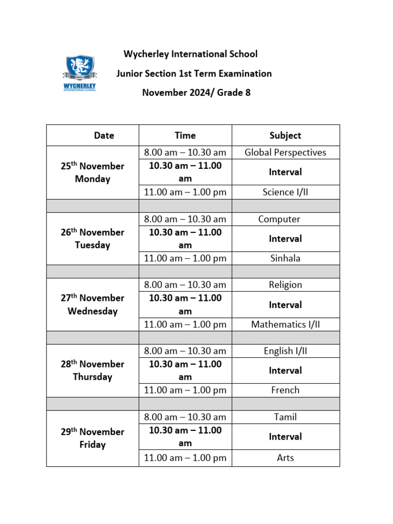 1st Term Time Table Grade 8 | PDF