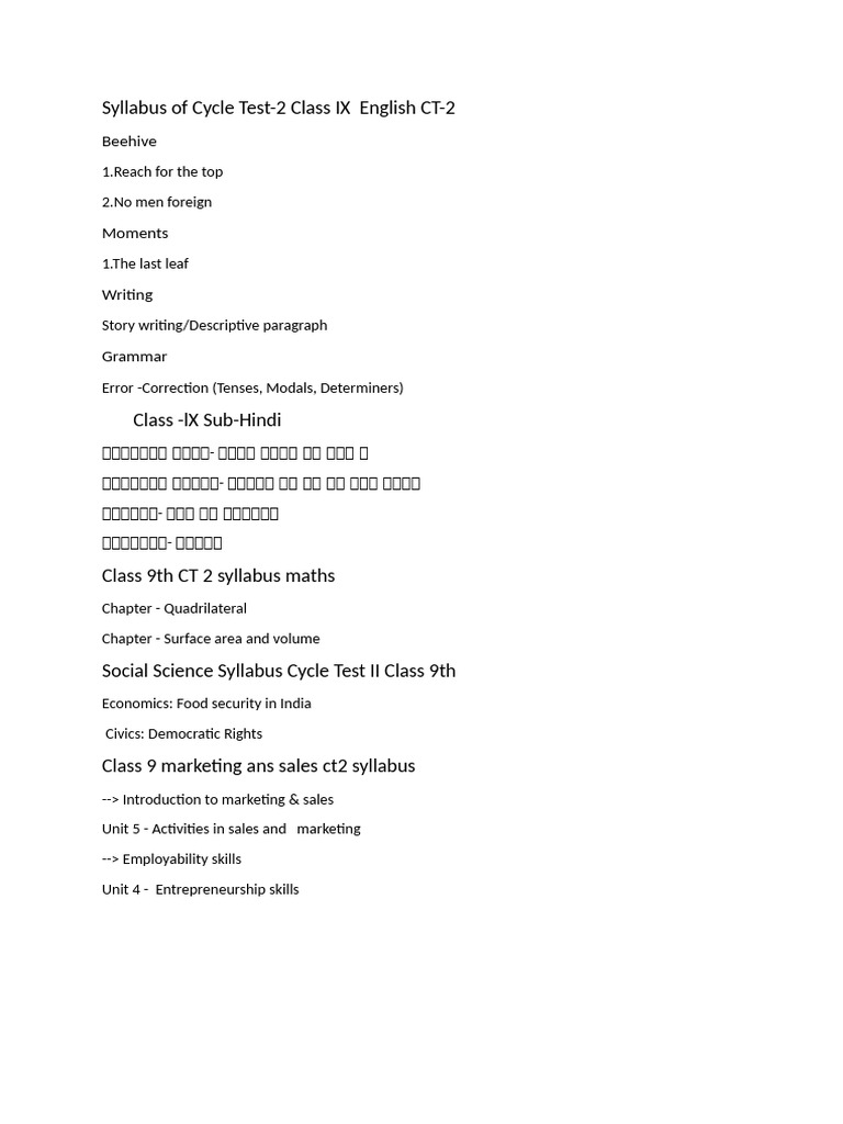 Syllabus of Cycle Test | PDF