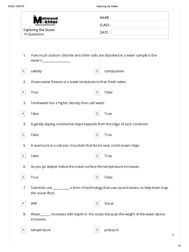 Ocean Exploration Quiz Questions | PDF | Oceans | Seabed